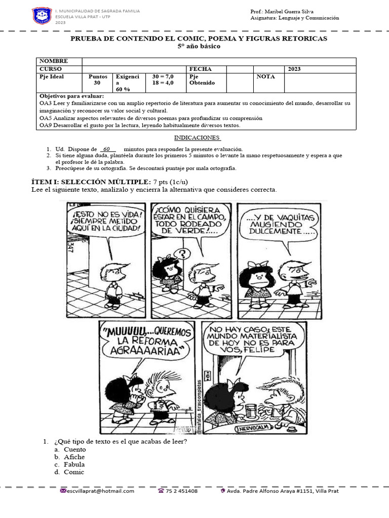 Prueba de Lenguaje: Cómic y Poesía 5° Básico | PDF | Cómics