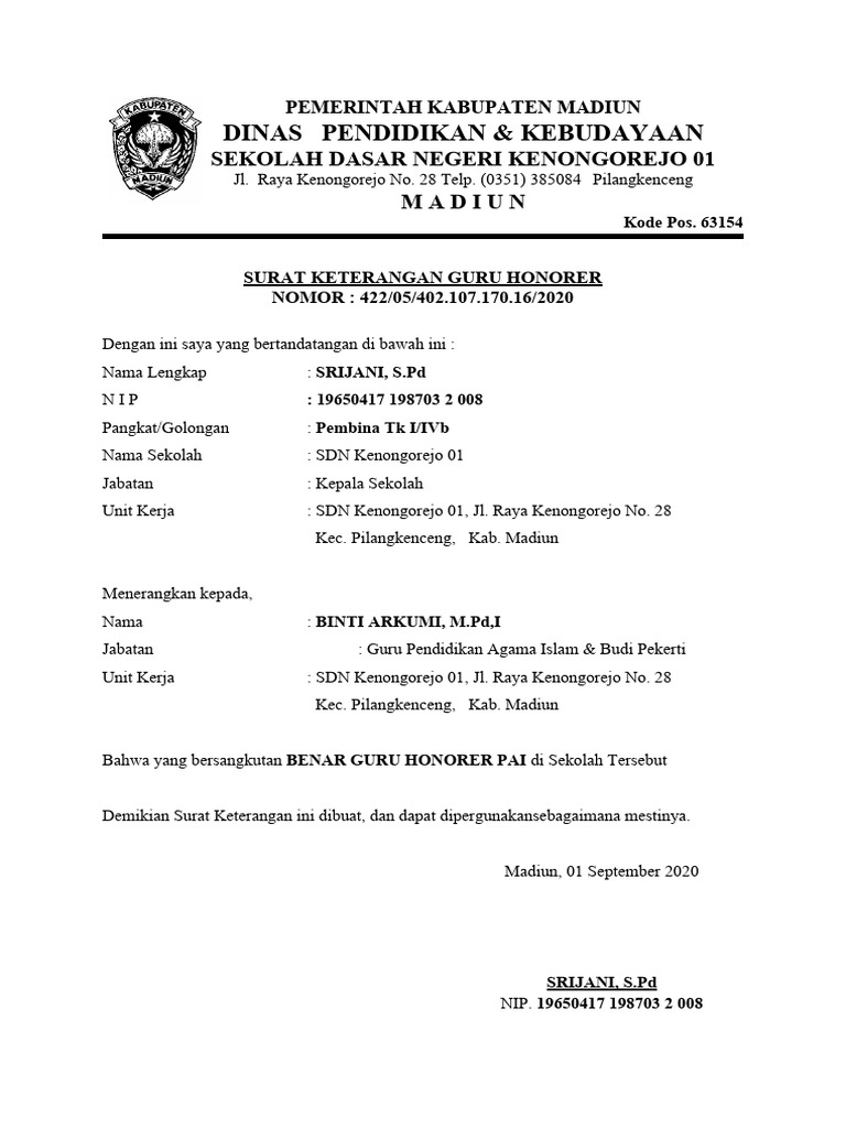 SURAT KETERANGAN GURU HONORER | PDF