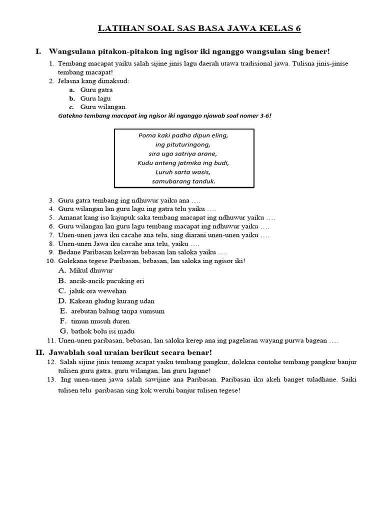 Latihan Soal Sas Basa Jawa KLS 6 | PDF