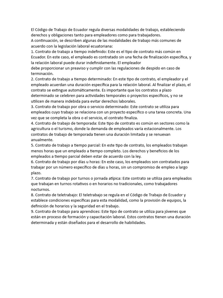 El Código de Trabajo de Ecuador Regula Diversas Modalidades de Trabajo ...