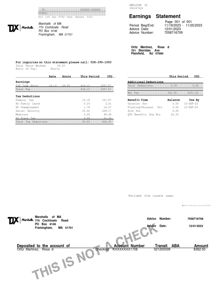 Marshalls MA Earnings Statement 2023 | PDF | Tax Deduction | Taxes