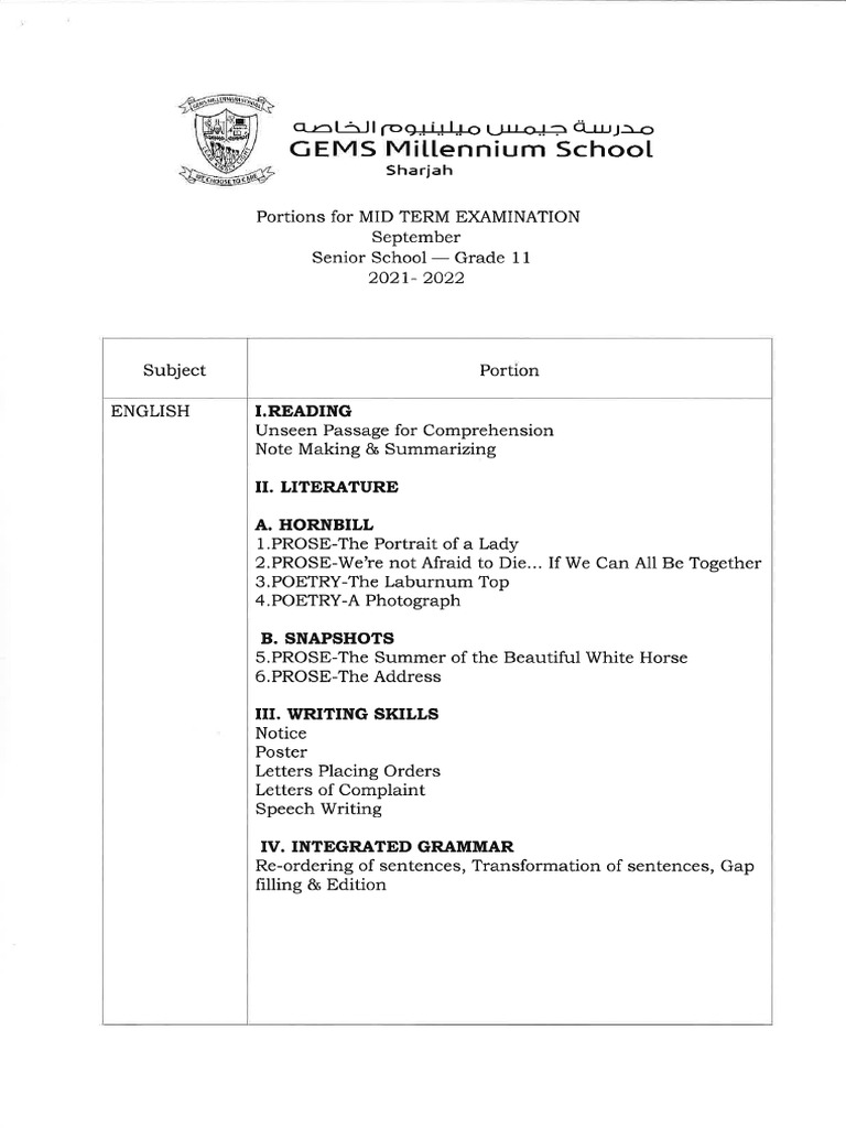 Mid Term Portions - Grade 11 | PDF