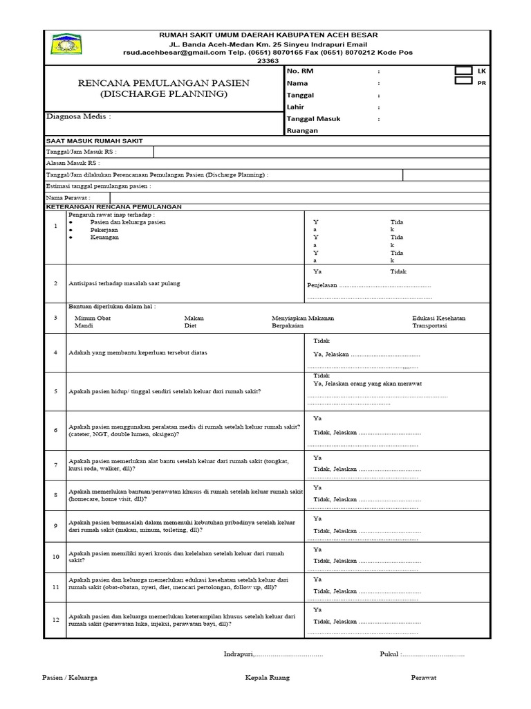 FORM Pemulangan Pasien (DISCHARGE PLANNING) | PDF