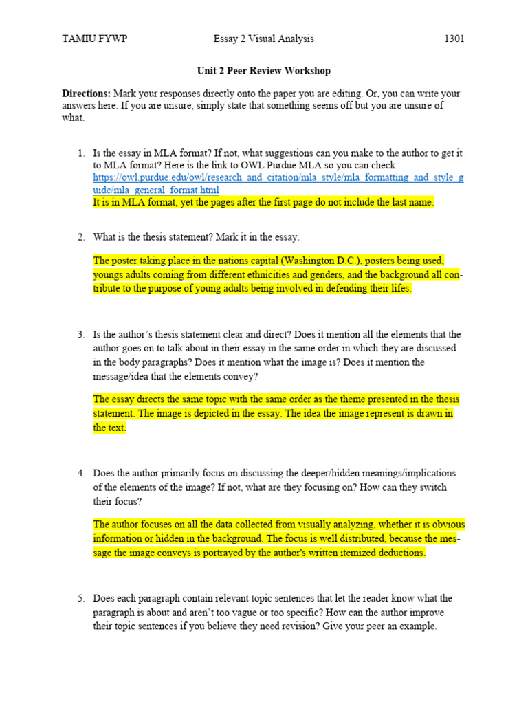 Essay 2 Visual Analysis Peer Review Questions | PDF | Essays | Knowledge