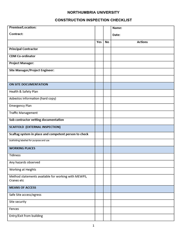 Health and Safety Inspection Checklist Construction | PDF | Occupational Safety And Health | Safety
