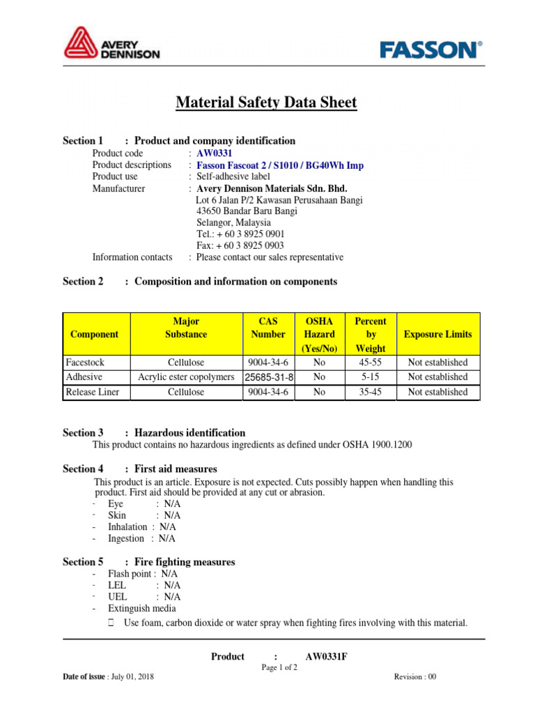 Aw0331f MSDS | PDF | Hazards | Adhesive