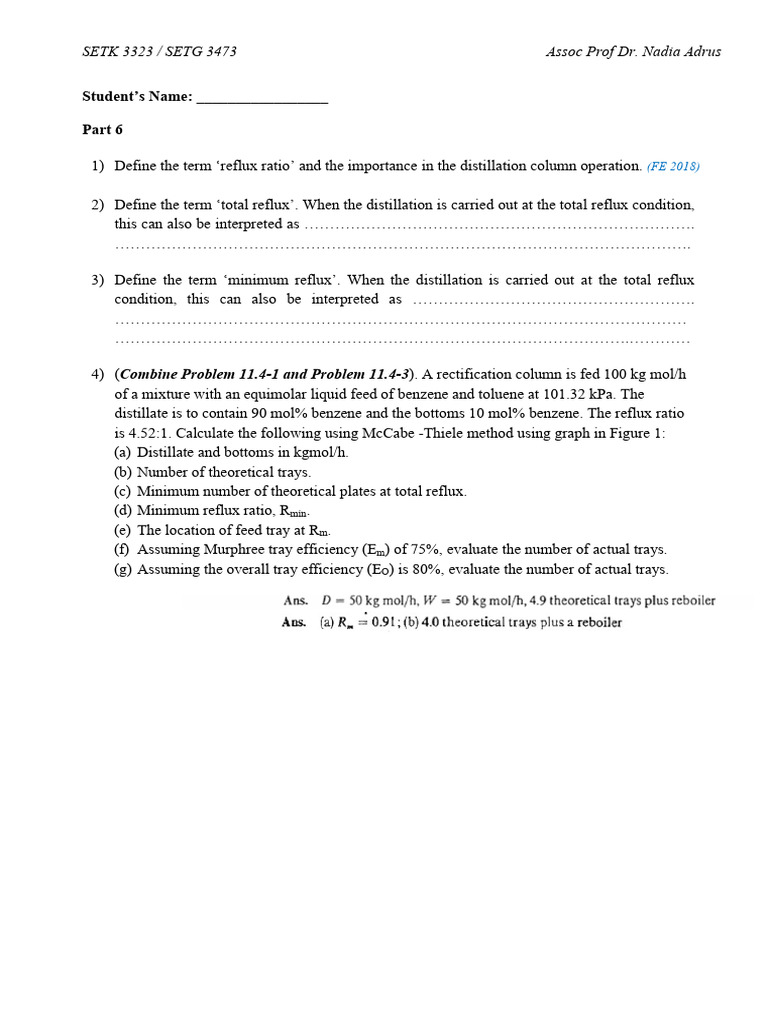 Distillation Column Reflux Ratio Analysis | PDF | Science & Mathematics ...