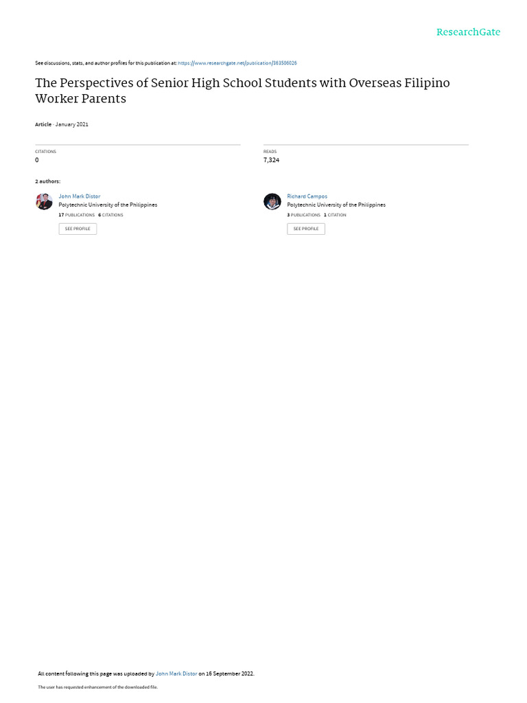 Senior High Students' Views on OFW Parents | PDF | Adolescence | Psychology