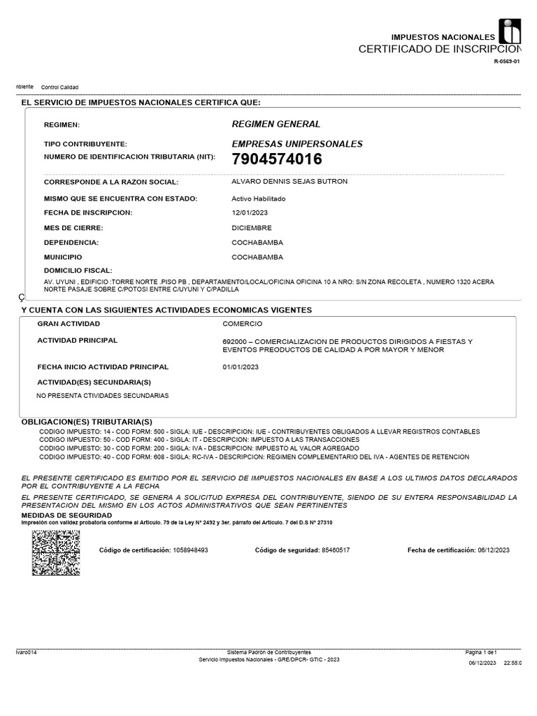 Certificado NIT Bolivia 2023 | PDF | Impuestos | Gobierno