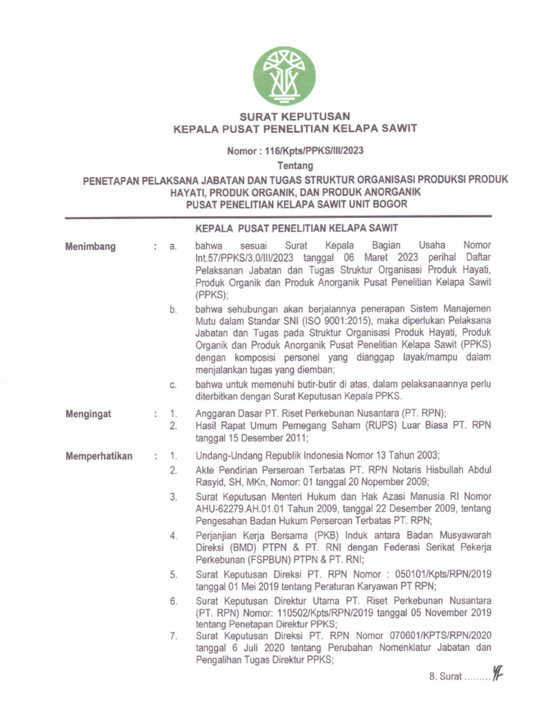 116 - Penetapan Pelaksana Jabatan Dan Tugas Struktur Organisasi ...