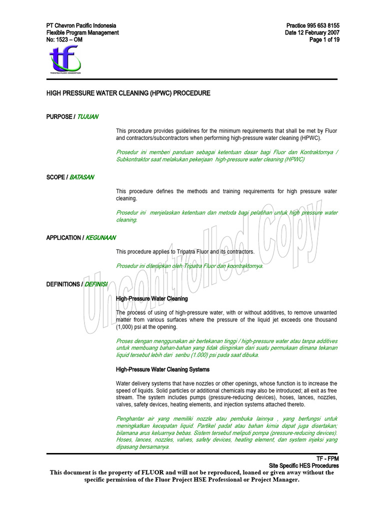 High Pressure Water Cleaning Procedure | PDF | Thrust | Personal ...