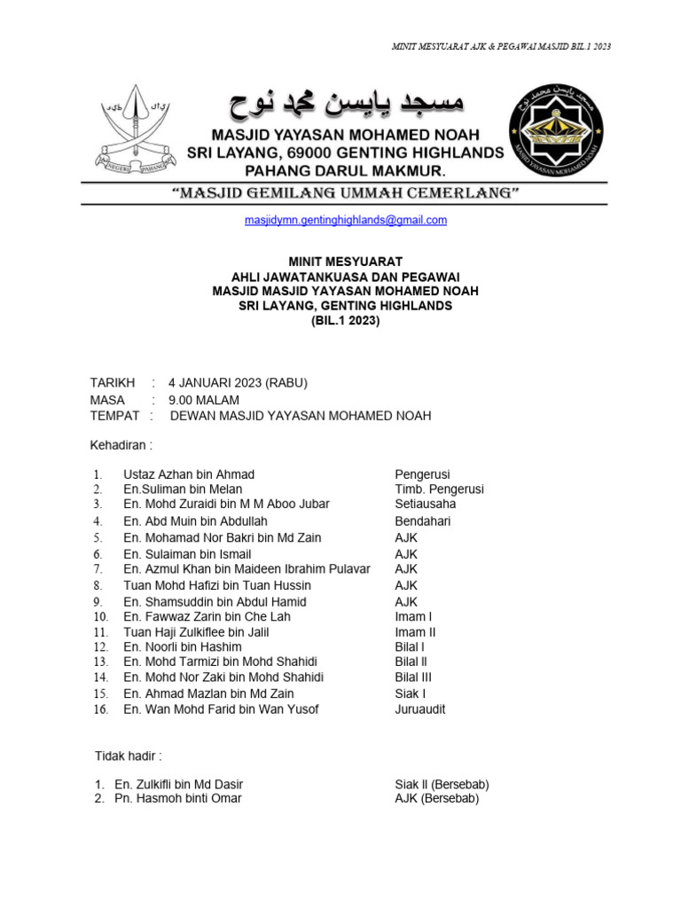 Minit Mesyuarat Bil. 1 2023 | PDF