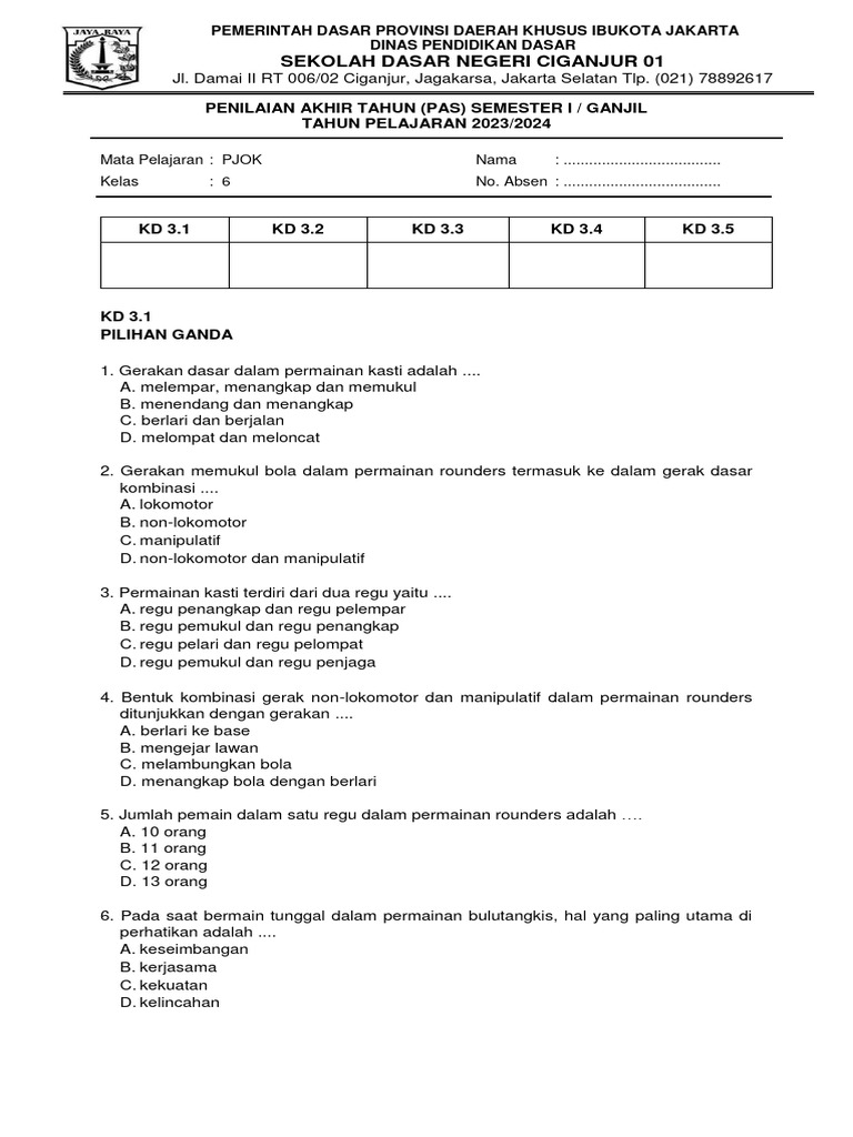 SOAL PAS PJOK KELAS 6 SEMESTER 1 Tahun Ajaran 2023-2024 | PDF