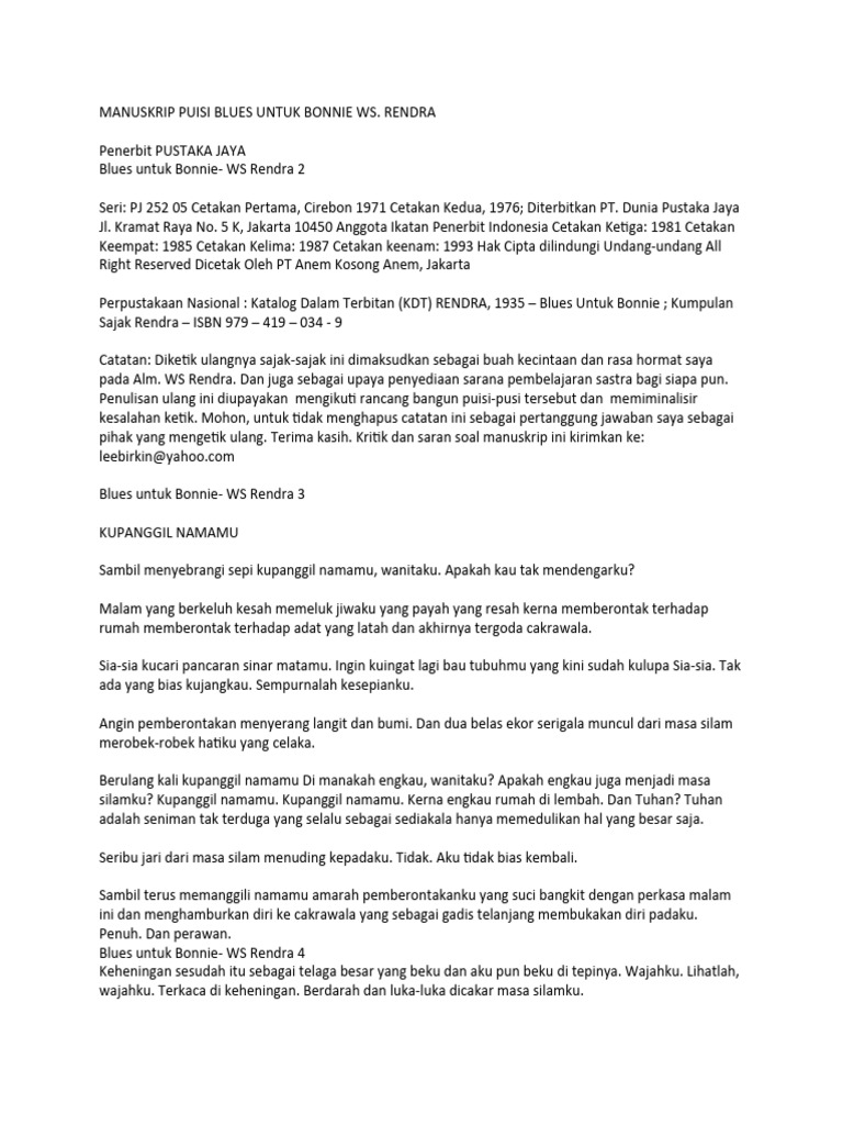 Blues Untuk Bonnie WS Rendra | PDF