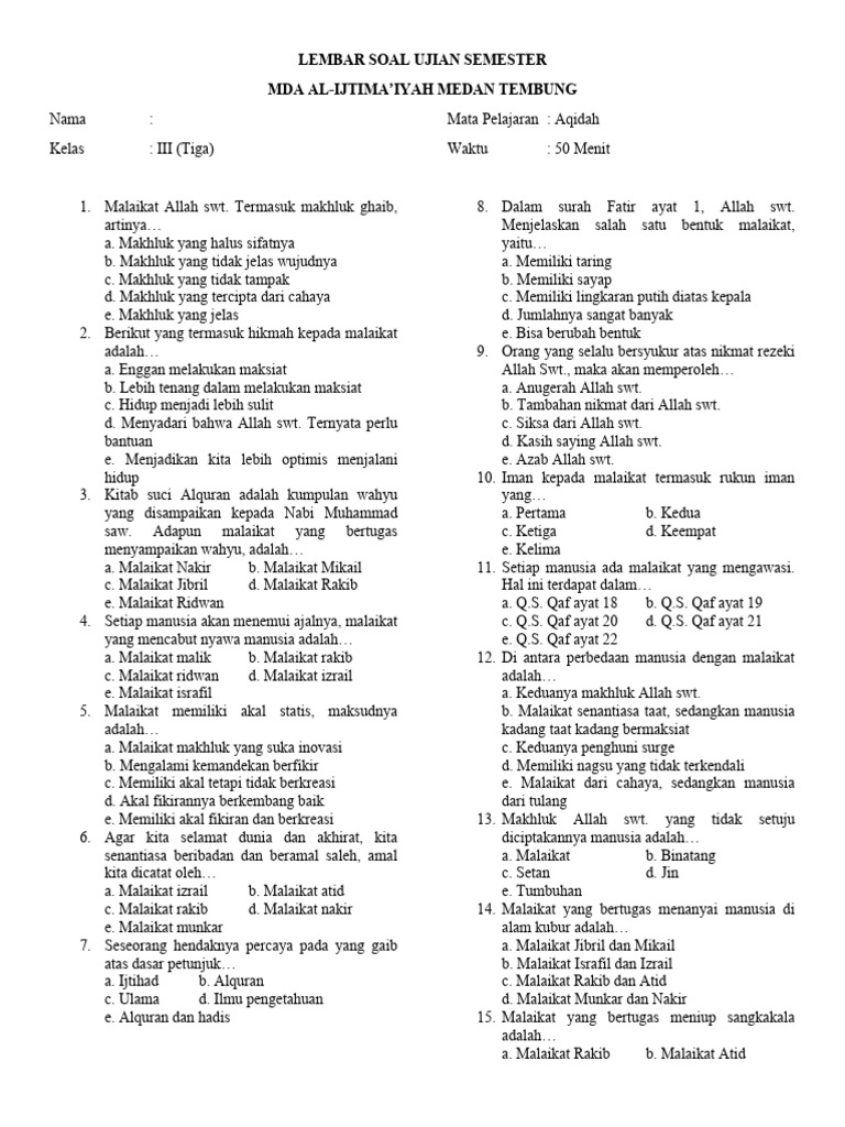 Soal Aqidah Kelas III MDA | PDF | Agama & Spiritualitas