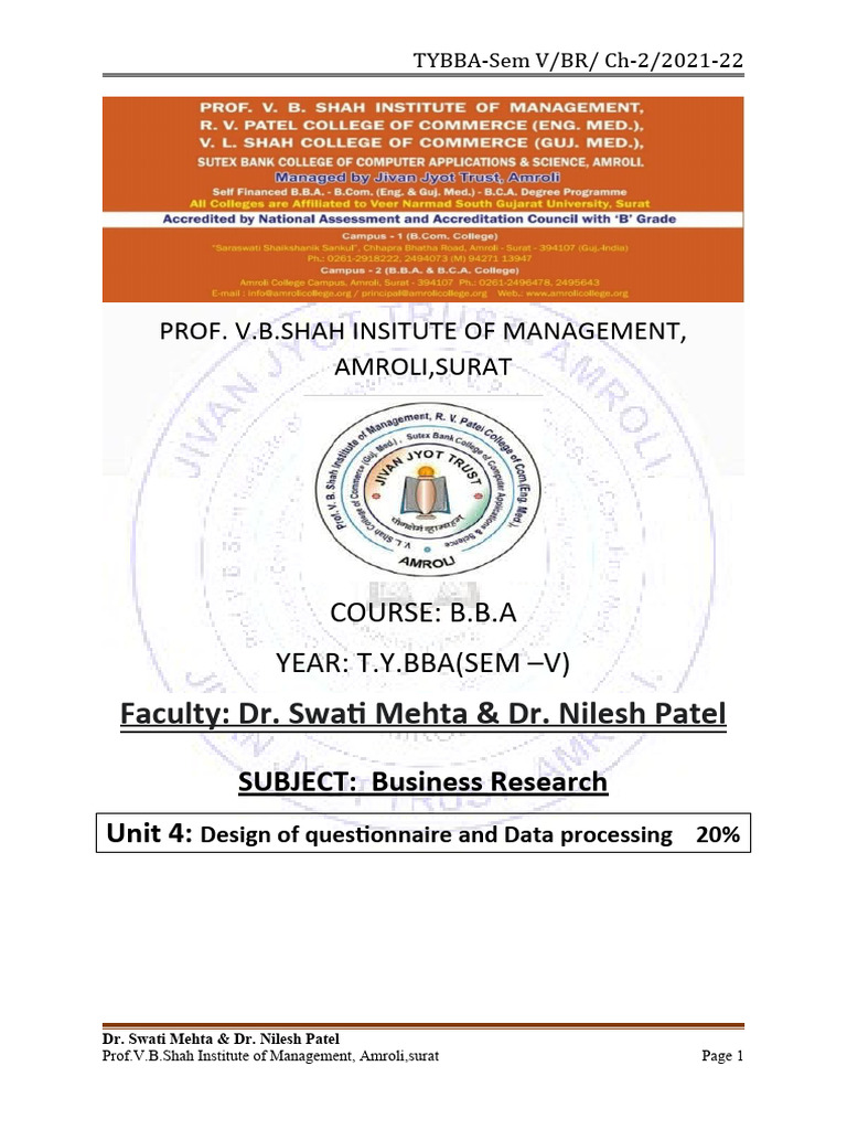 Ch4 Design of Questionnaire and Data Processing 2021-22 | PDF | Questionnaire | Question