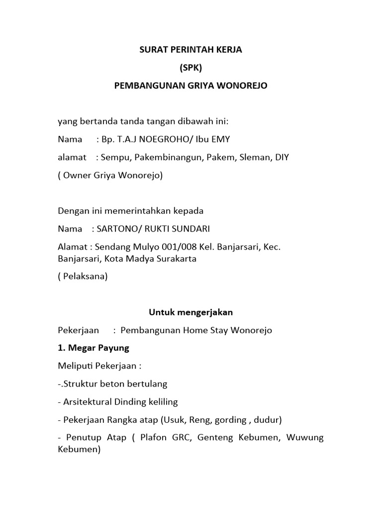 Surat Perintah-Spk Proyek Wonorejo | PDF