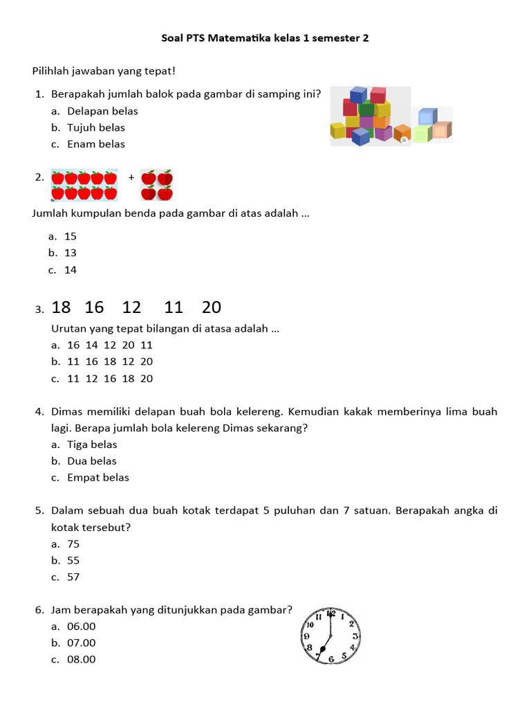Soal PTS Matematika Kelas 1 Semester 2 | PDF | Olahraga & Rekreasi