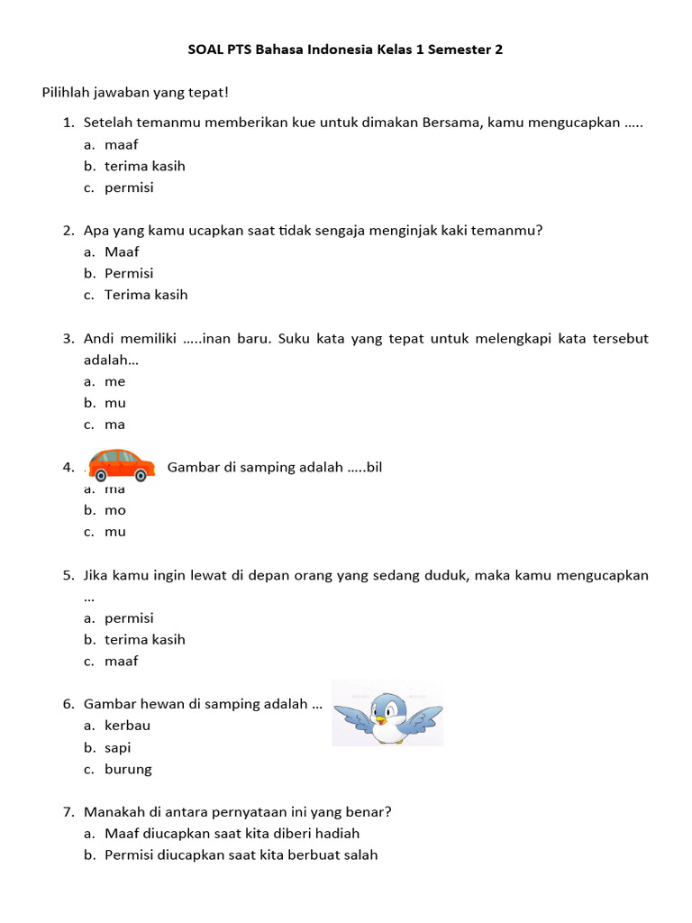 SOAL PTS Bahasa Indonesia Kelas 1 Semester 2 | PDF