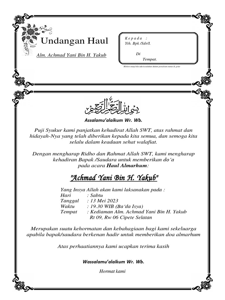 Undangan Tahlil 7 Hari | PDF