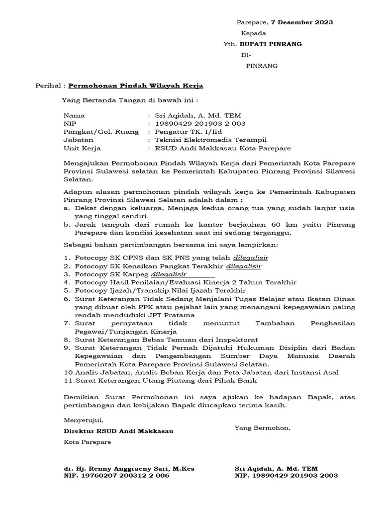 Surat Permohonan Pindah Wilayah Kerja | PDF | Karier & Perkembangan