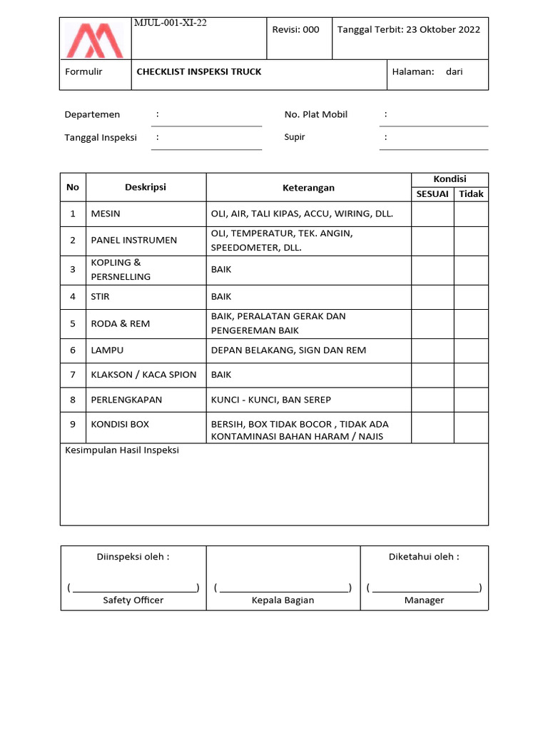 Form Ceklist Kendaraan | PDF