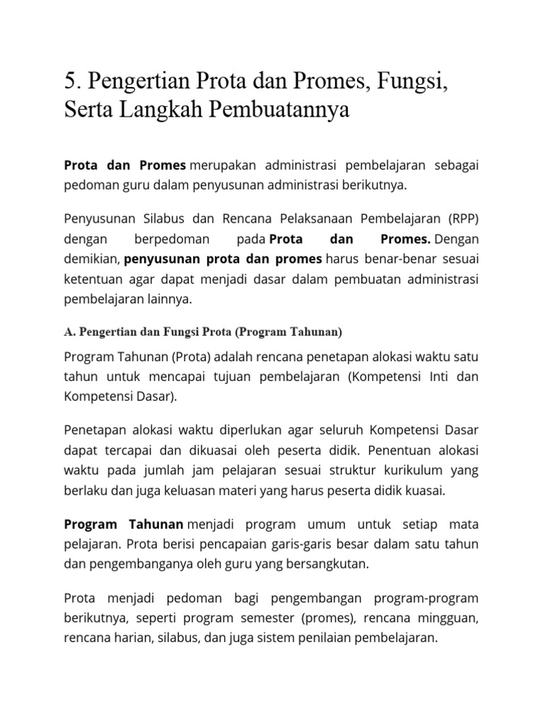 Pengertian Prota Dan Promes, Fungsi, Serta Langkah Pembuatannya | PDF