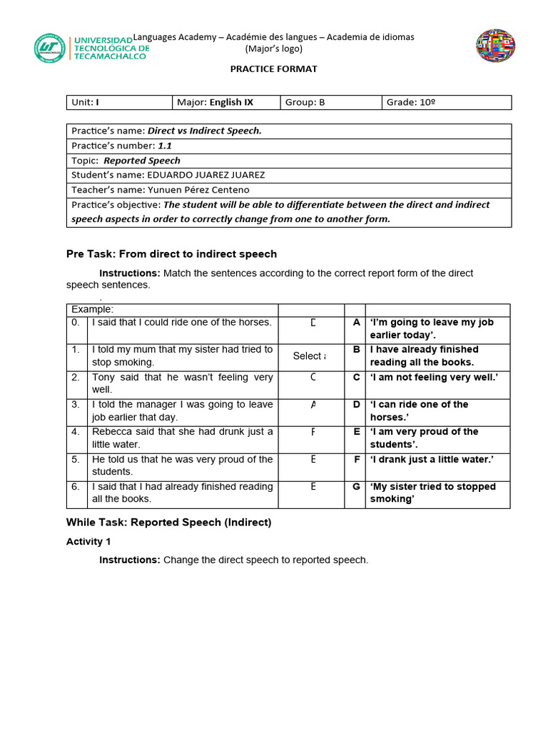 Direct vs Indirect Speech Practice | PDF | Language Arts & Discipline