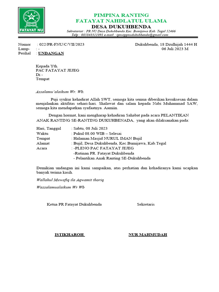 Surat Undangan FATAYAT PL | PDF