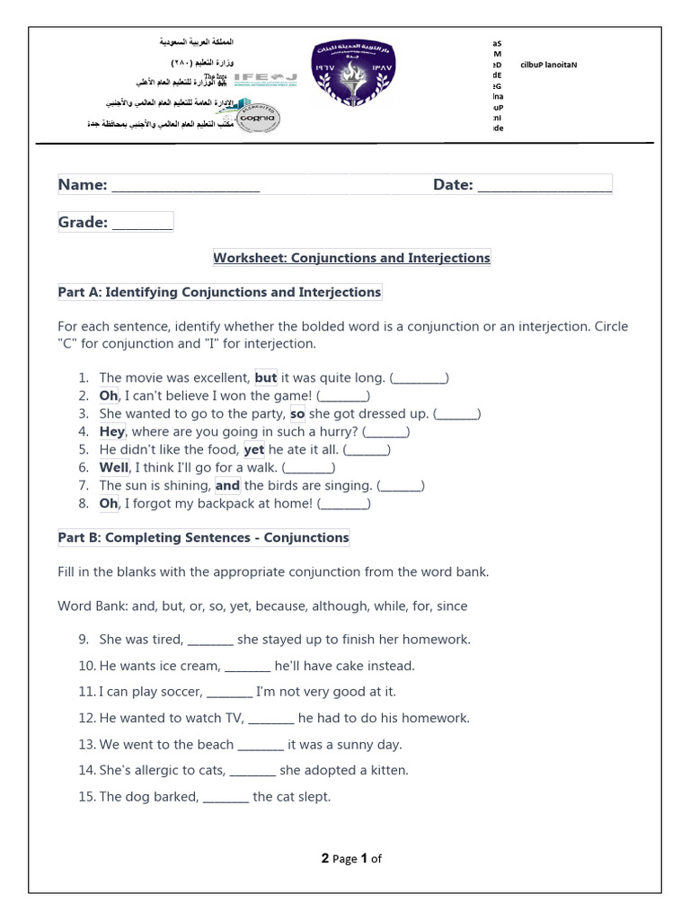Worksheet Conjunctions and Interjections | PDF | Semantic Units