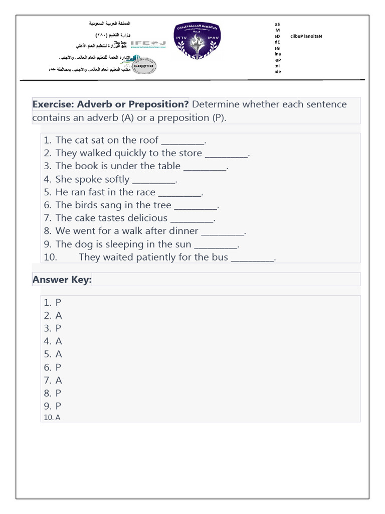 Adverb or Preposition Worksheet With Answers | PDF