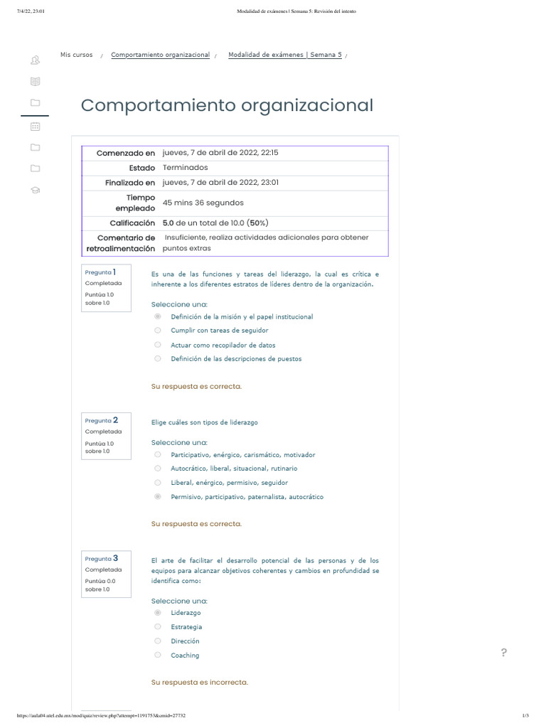 Modalidad de Exámenes - Semana 5 - Revisión Del Intento | PDF | Liderazgo | Comportamiento ...