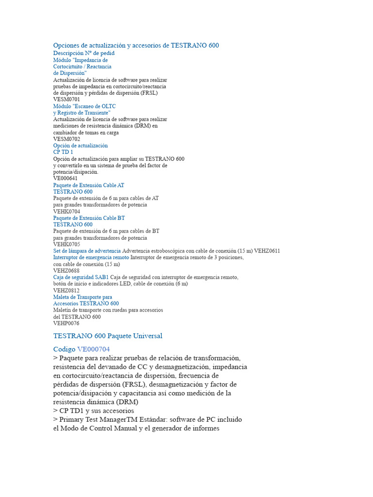 Opciones de Actualización y Accesorios de TESTRANO | PDF