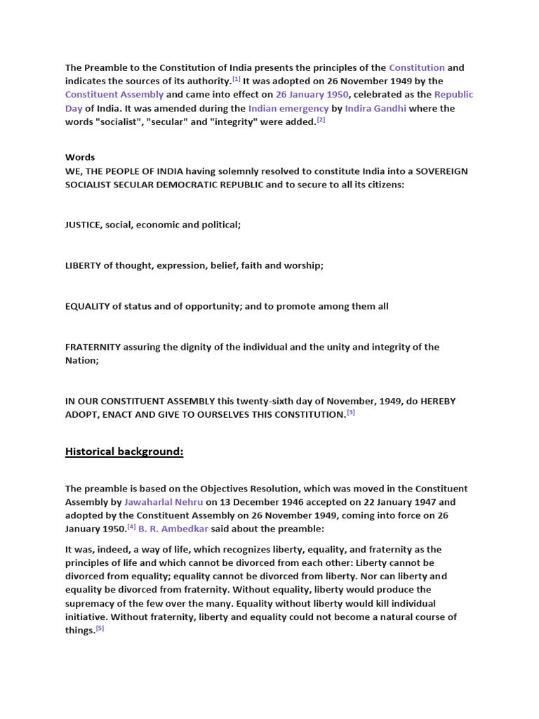 The Preamble To The Constitution of India Presents The Princ | PDF ...