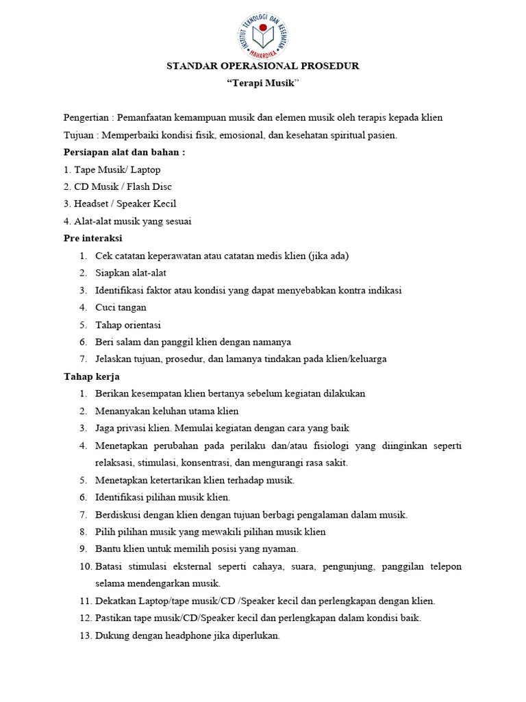 SOP Terapi Musik untuk Kesehatan Pasien | PDF | Pengembangan Diri