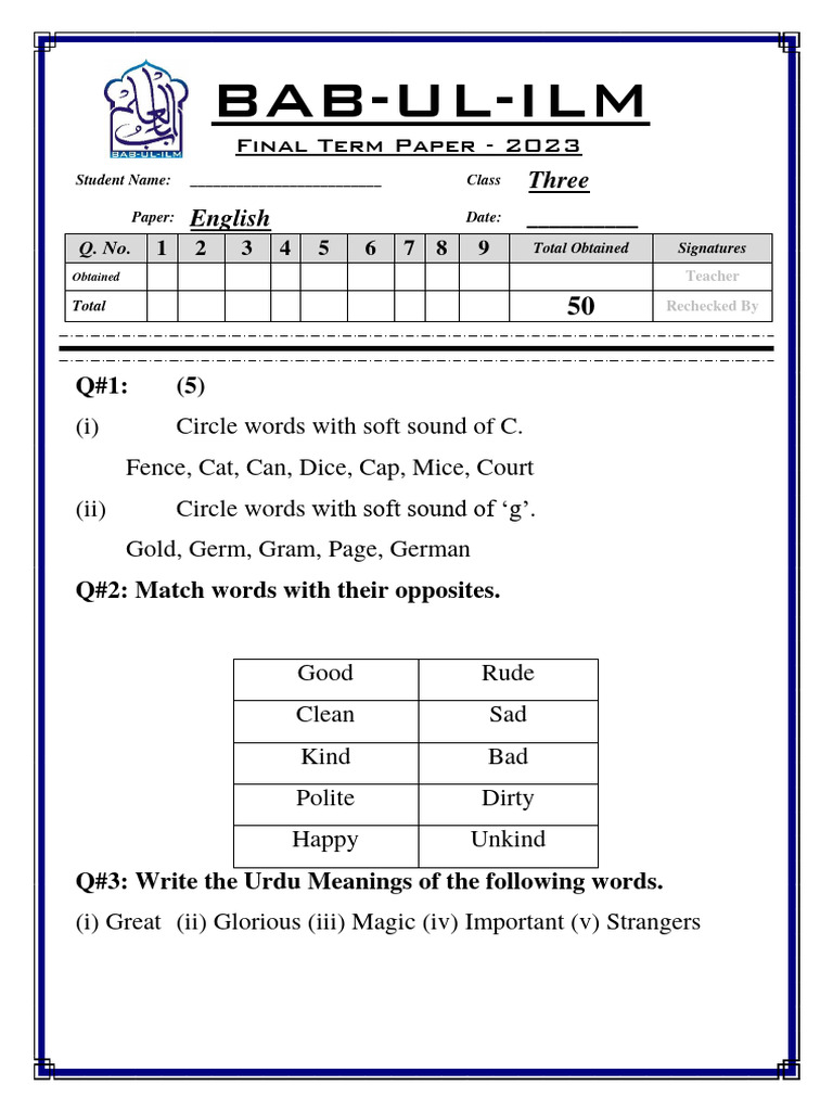 Final Term Paper: English Class 3 | PDF