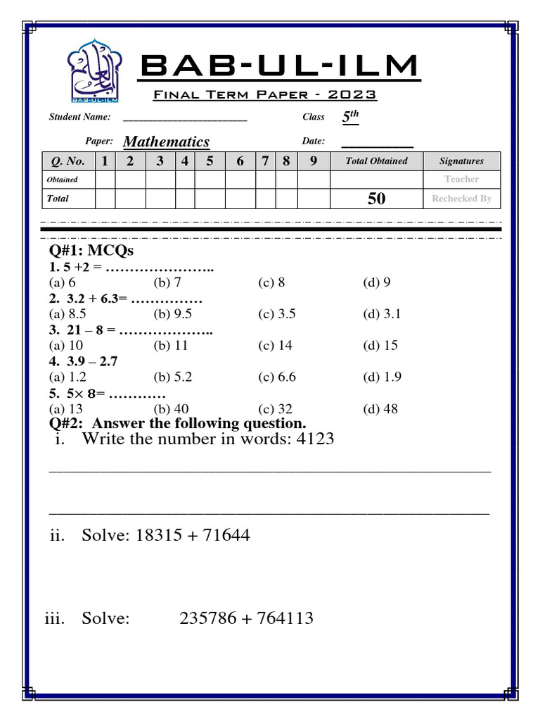 Grade 5 Math Exam Paper | PDF