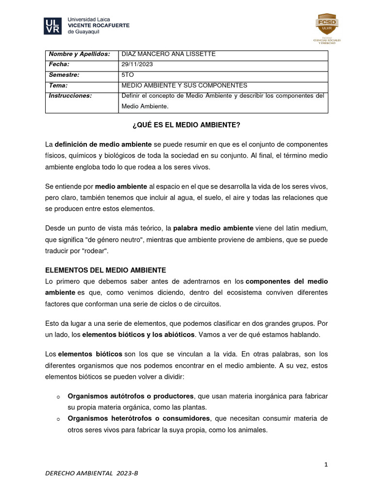 Concepto de Medio Ambiente y Los componentes del Medio Ambiente_DIAZ ...