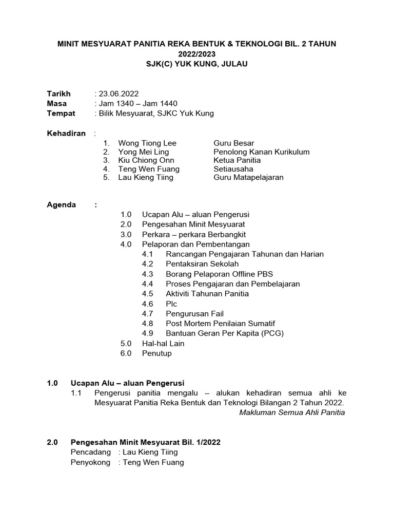 MINIT MESYUARAT RBT BIL.2 2022_2023 | PDF