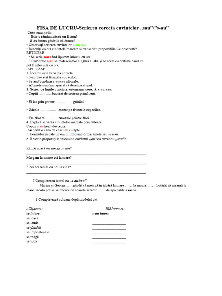 Fisa de Lucruscrierea Corecta A Cuvintelor Sausau | PDF