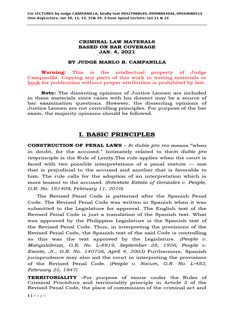 Criminal Law Lecture Materials by Judge Campanilla | PDF | Crimes ...