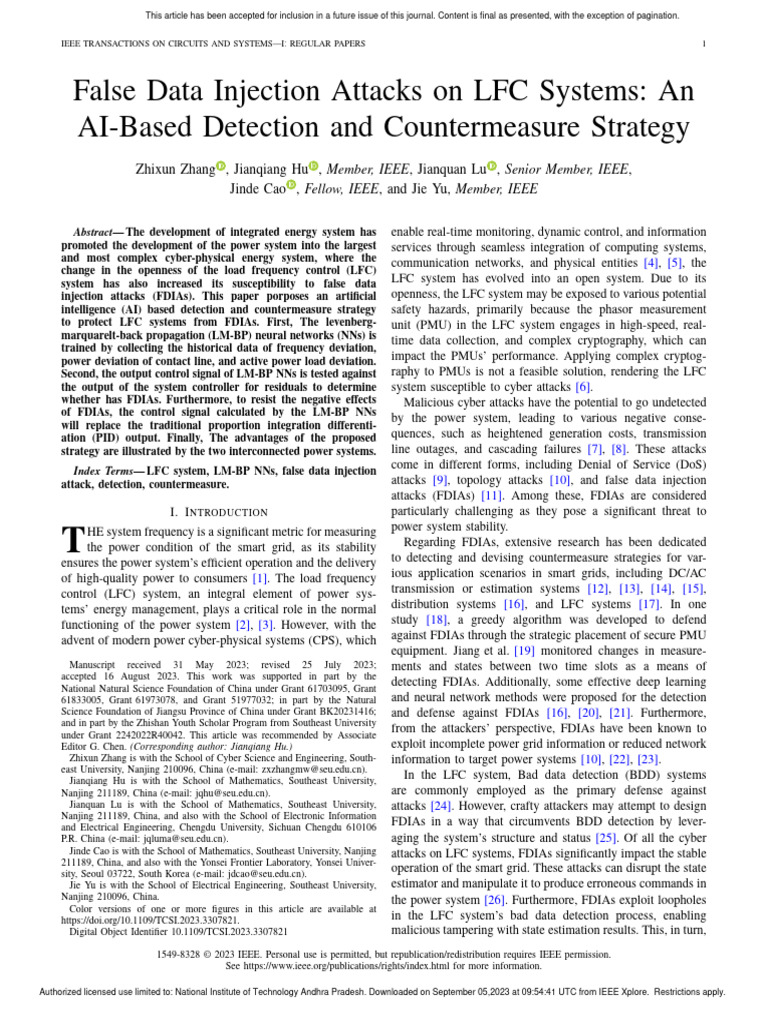 False Data Injection Attacks On Lfc Systems An Ai Based Detection And Countermeasure Strategy