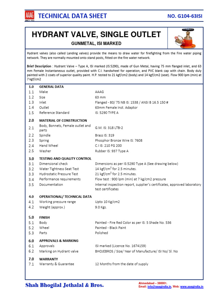 Hydrant Valve, Single Outlet: Technical Data Sheet | PDF | Valve ...