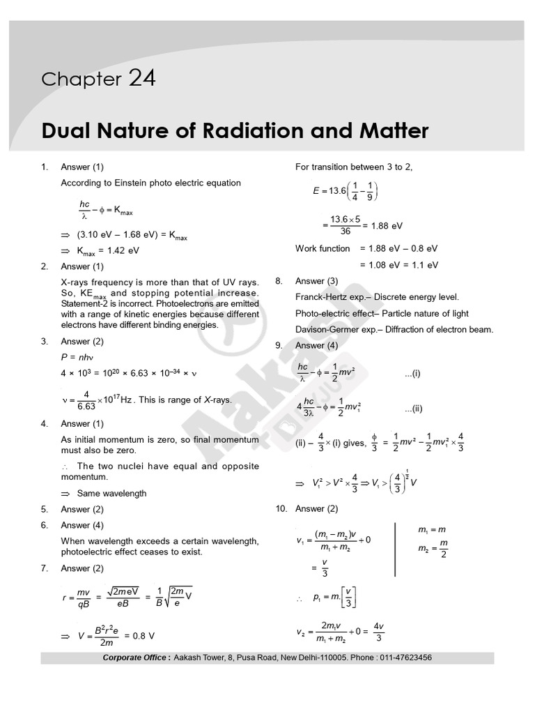 P - Sol - Ch-24 - Dual Nature of Radiation and Matter | PDF | Electronvolt | Applied And ...