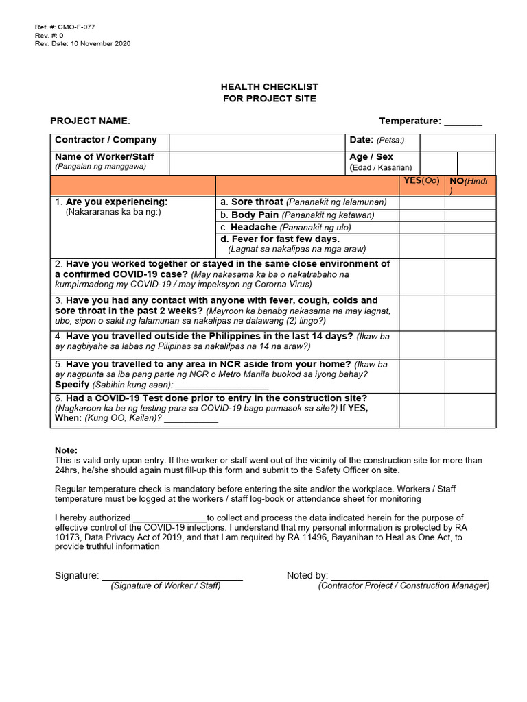 Health Checklist For Site | PDF | Clinical Medicine | Medical Specialties