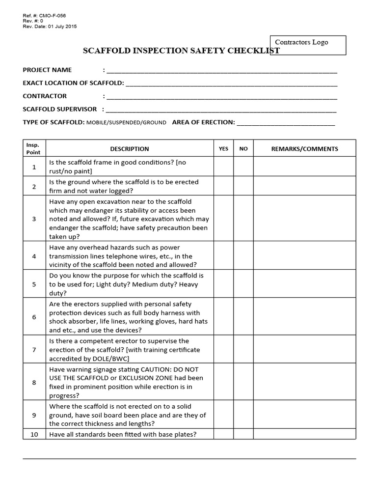 Scaffoffold Inspection Checklist | PDF | Scaffolding | Equipment
