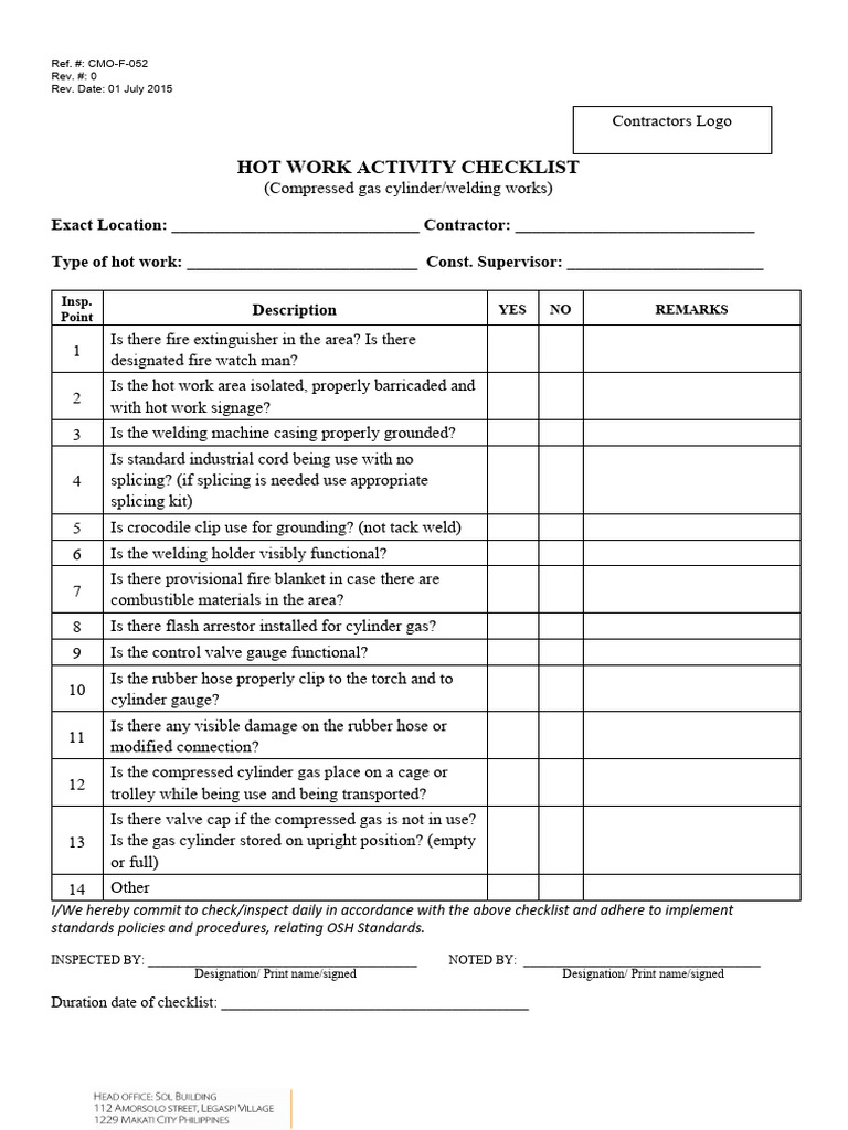 Hot Work Activity Safety Checklist | PDF