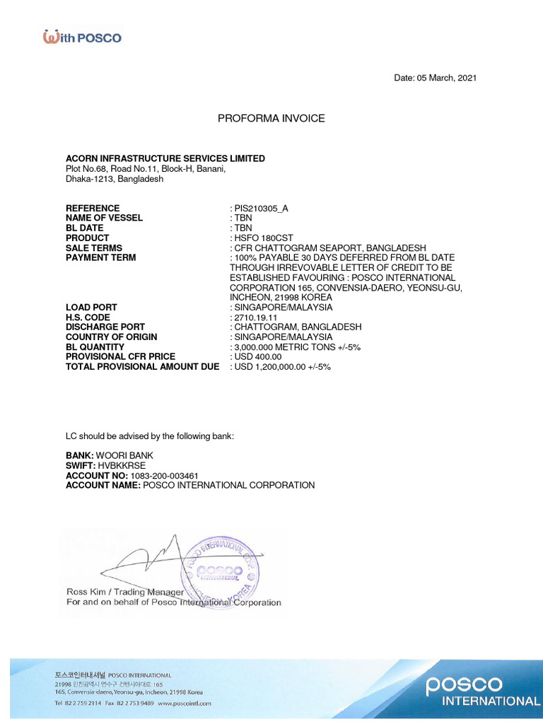 Proforma Invoice for HSFO 180CST | PDF | Finance & Money Management | Law