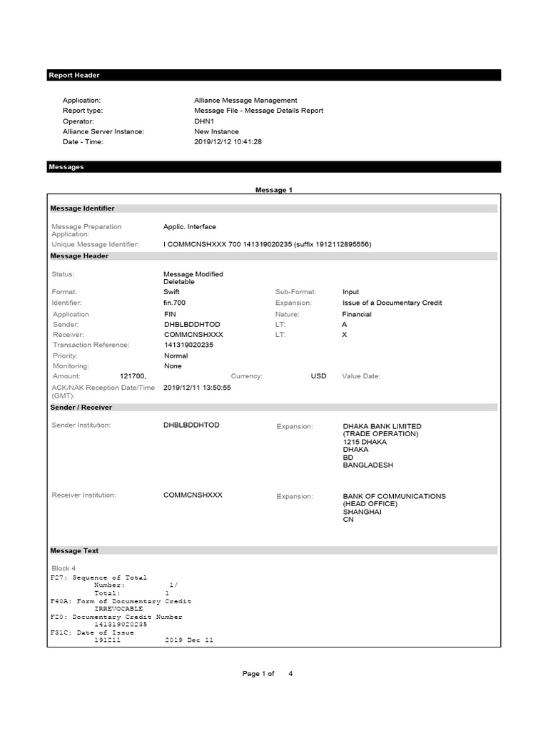 Documentary Credit Message Report | PDF | Cargo | Bill Of Lading