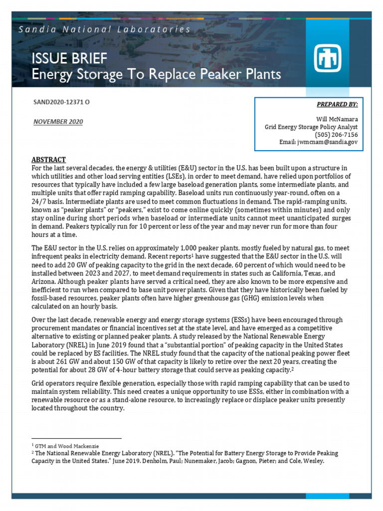 Issue Brief 2020 11 Peaker Plants | PDF | Energy Storage | Electrical Grid